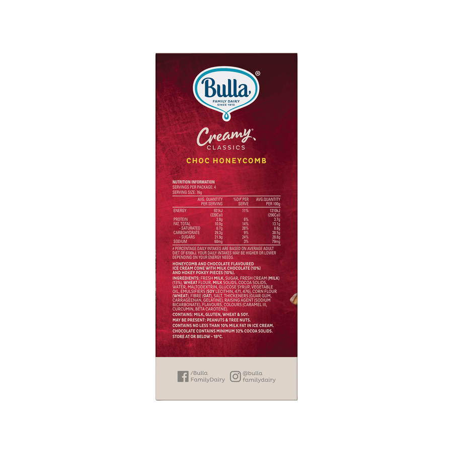 Bulla Creamy Classics Cones - Choc Honeycomb | Bulla